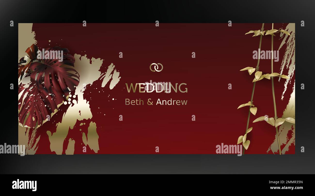 Tropical gold maroon monstera leaves on dark red background vector ...