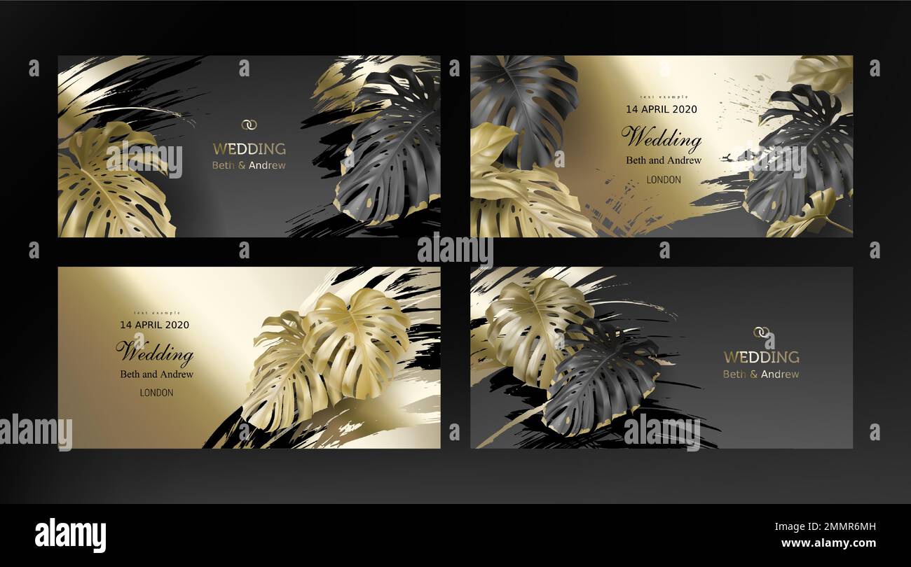 Tropical black gold monstera leaves on dark background vector set ...