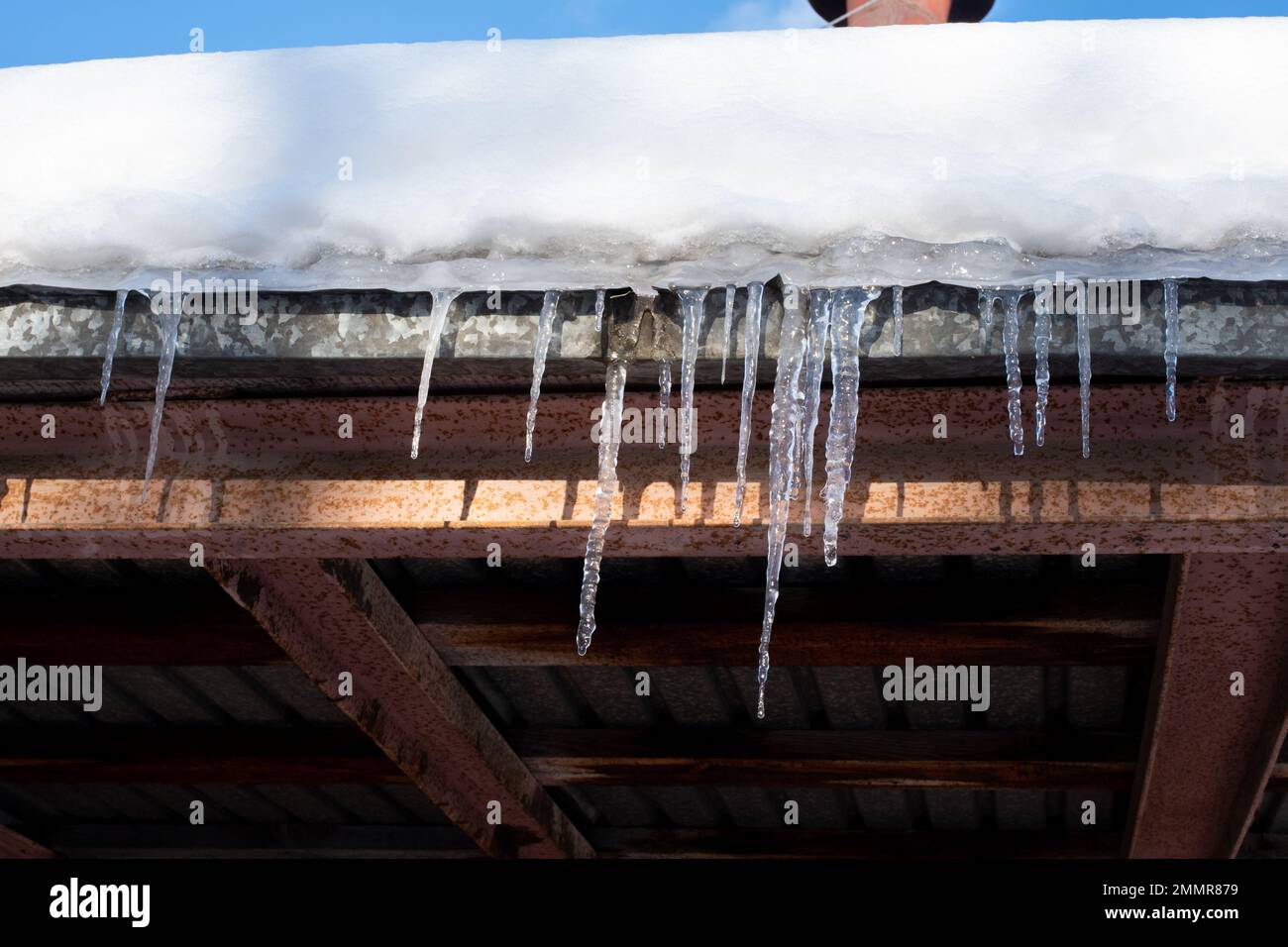 Long icicles hang from the snow-covered roof. Icicles falling danger ...