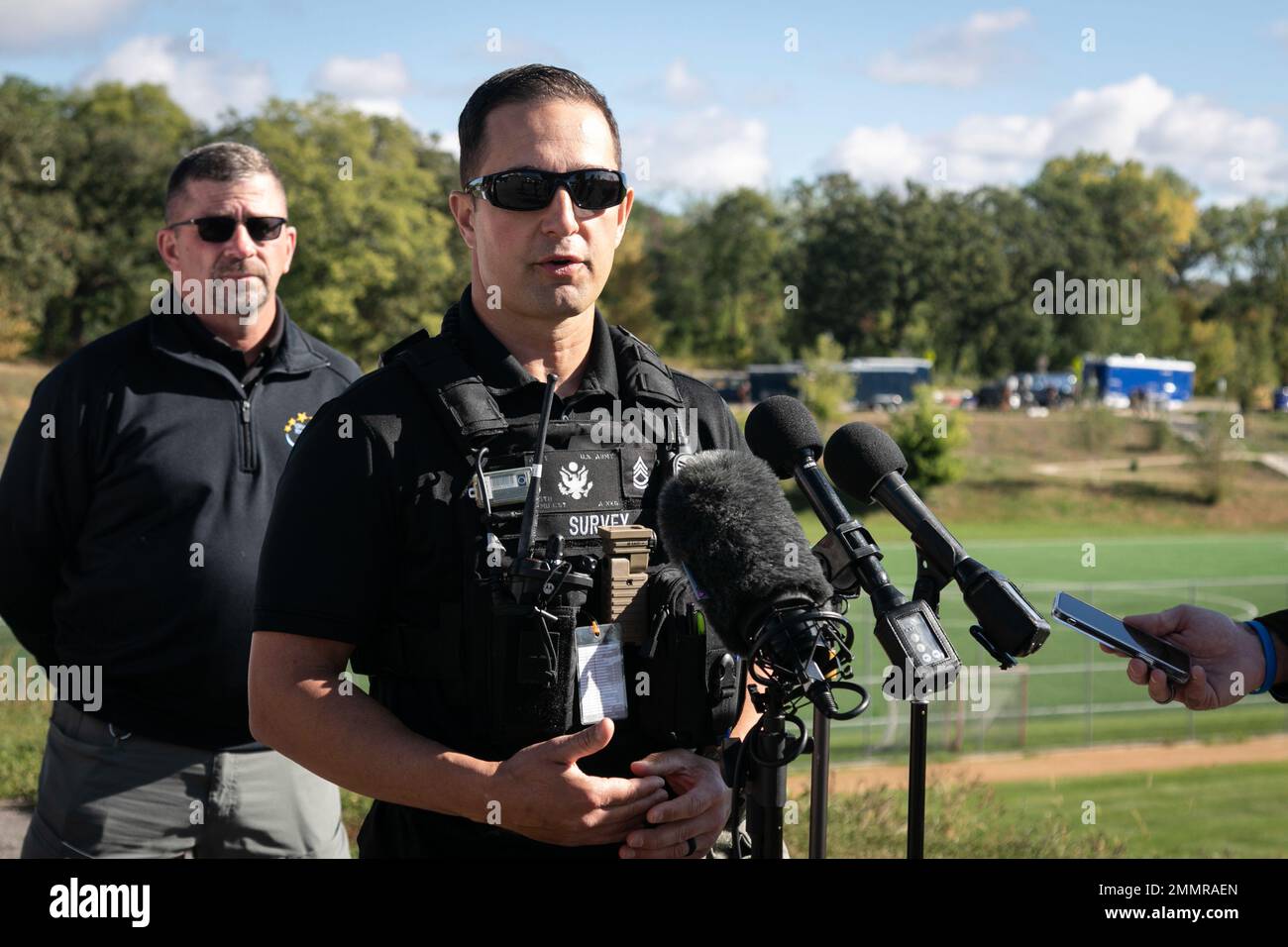 Sgt. 1st Class Larkin Adey speaks during a press conference before ...