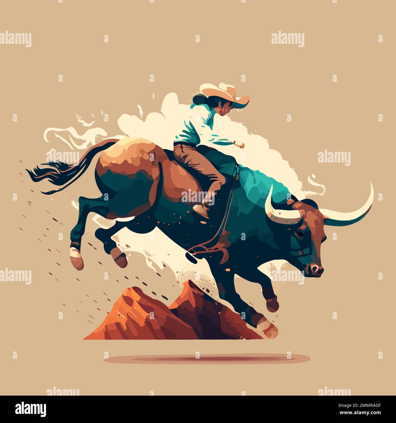 Bull riding with pawn in a hat mounted on a horned cow Stock Vector ...