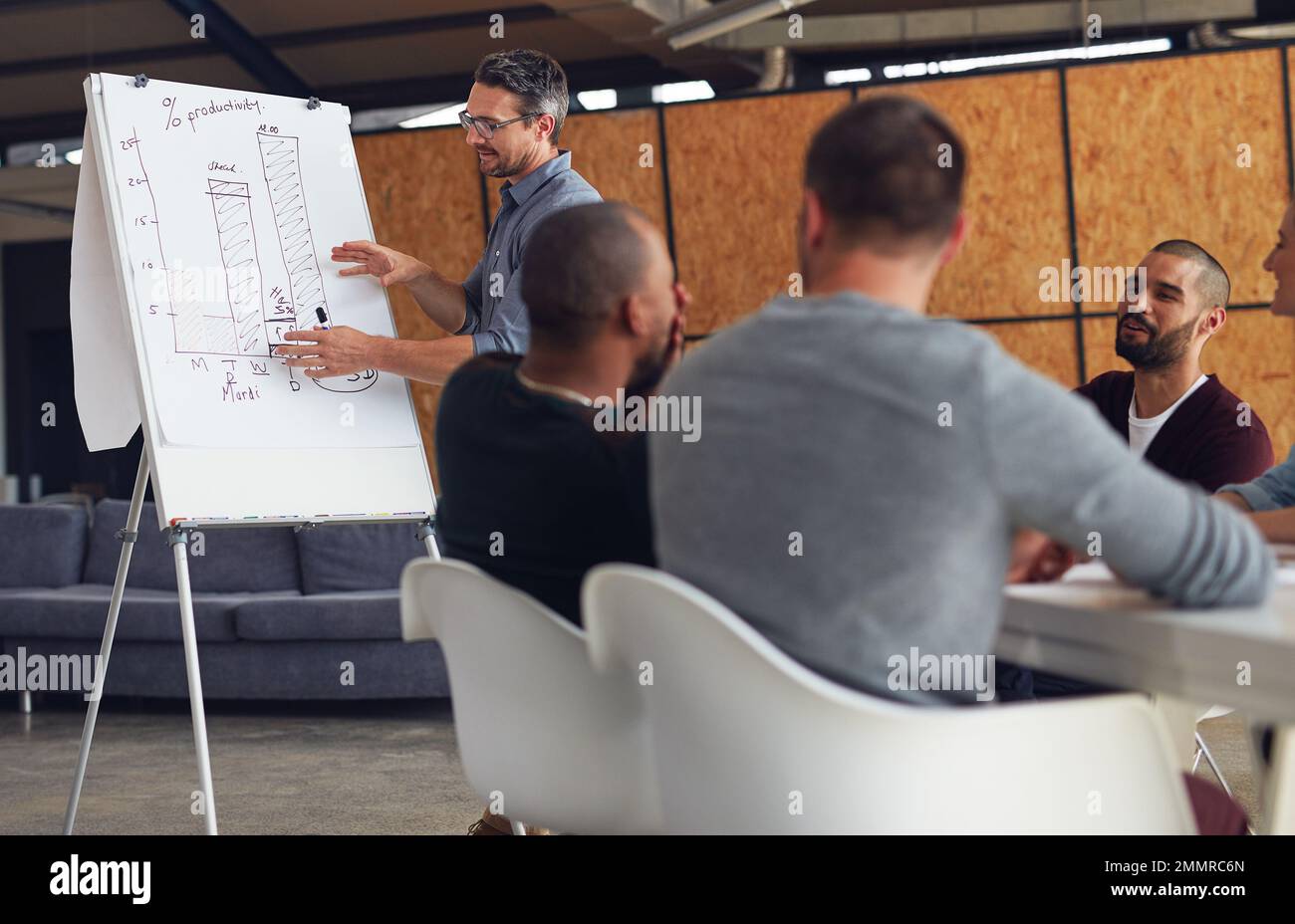 The creative process. a mature man giving a whiteboard presentation to ...