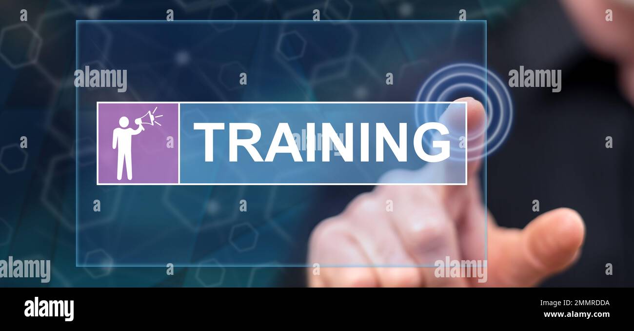 Man touching a training concept on a touch screen with his finger Stock ...