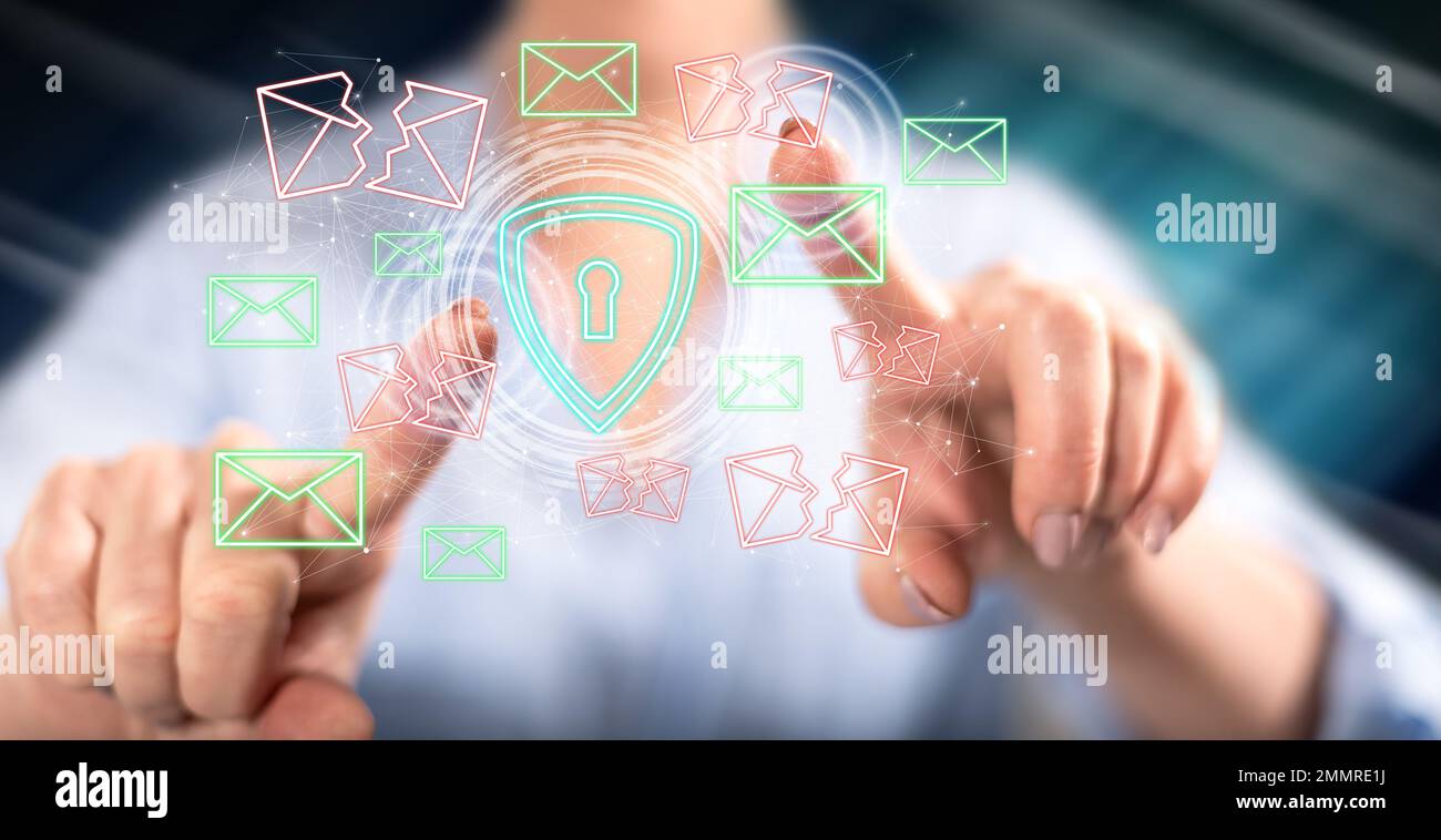 Woman touching an email protection concept on a touch screen with her ...