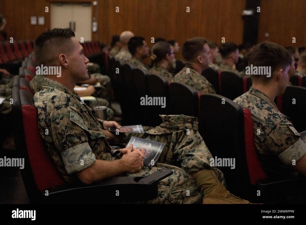 U.S. Marines with 26th Marine Expeditionary Unit (MEU) receive a welcome aboard brief given by ...