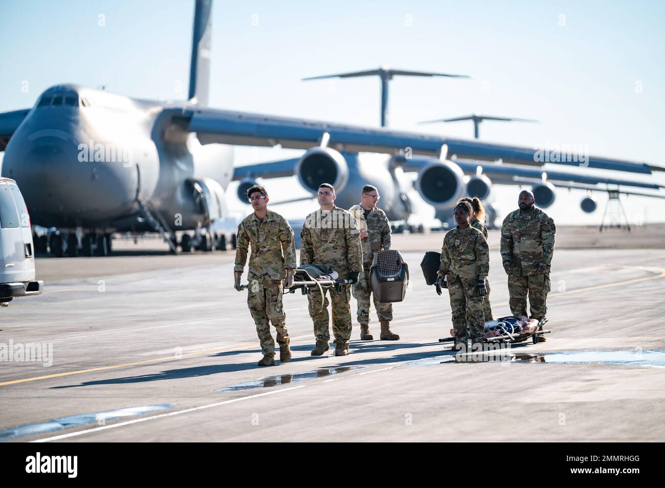 U.S. Airmen from the 60th Aeromedical Evacuation Squadron simulate ...