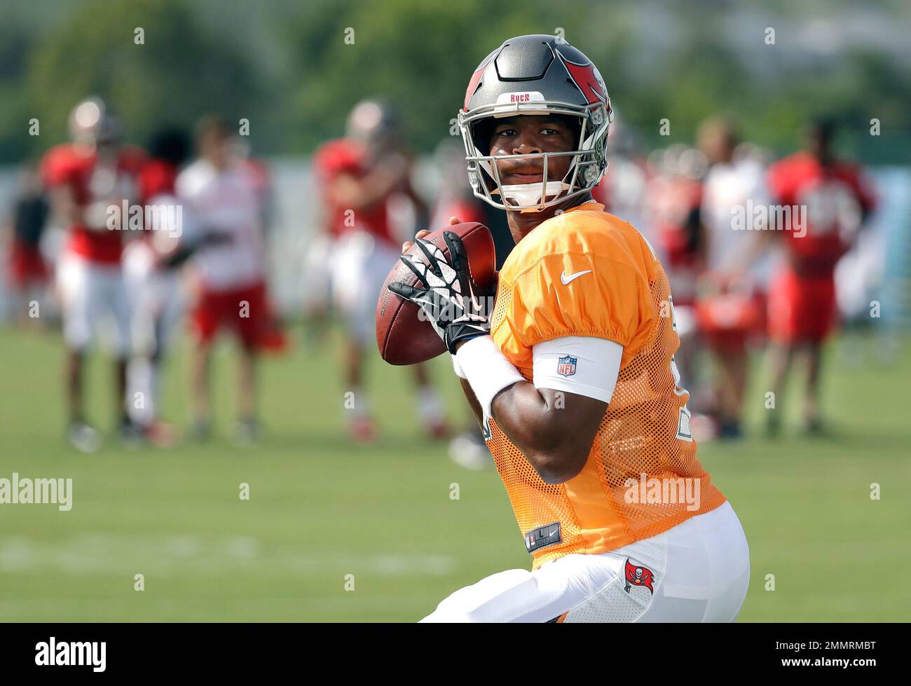 Tampa Bay Buccaneers quarterback Jameis Winston runs a drill during a ...