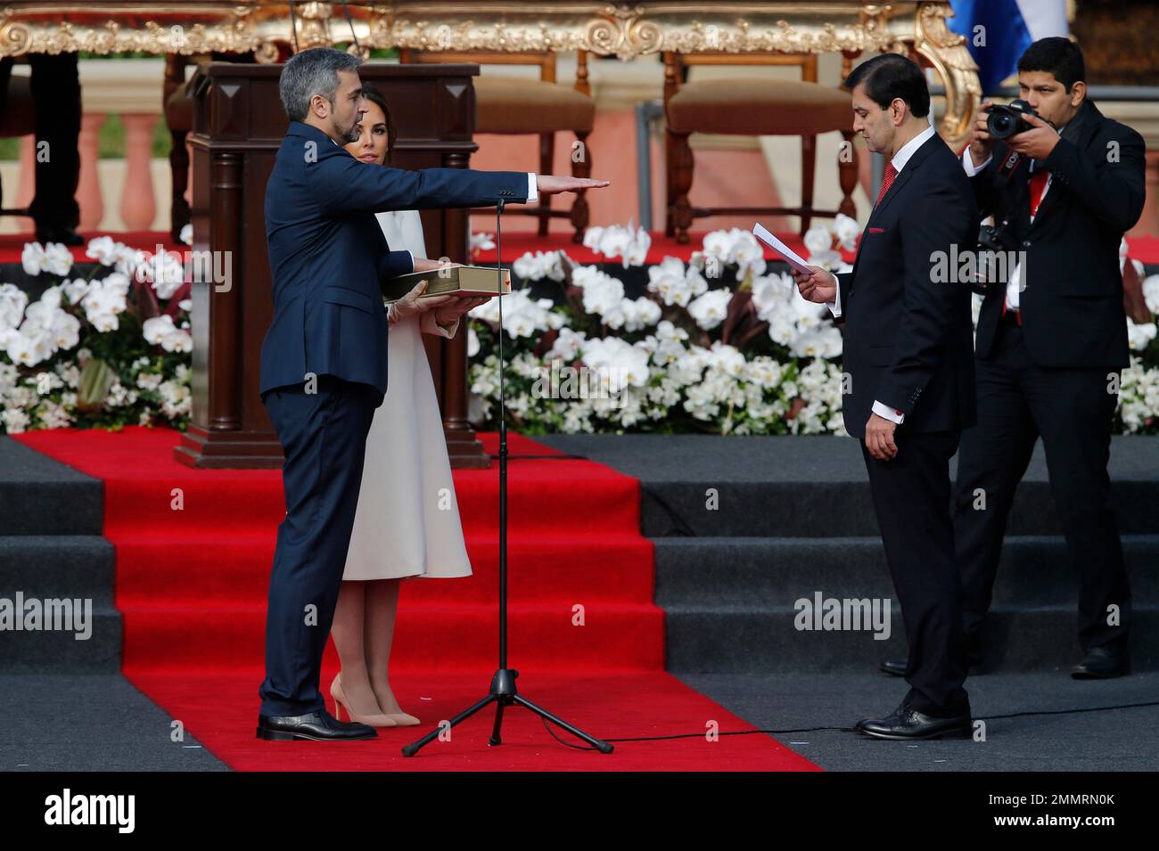 Paraguay's new President Mario Abdo Benitez, flanke by his wife Silvana ...