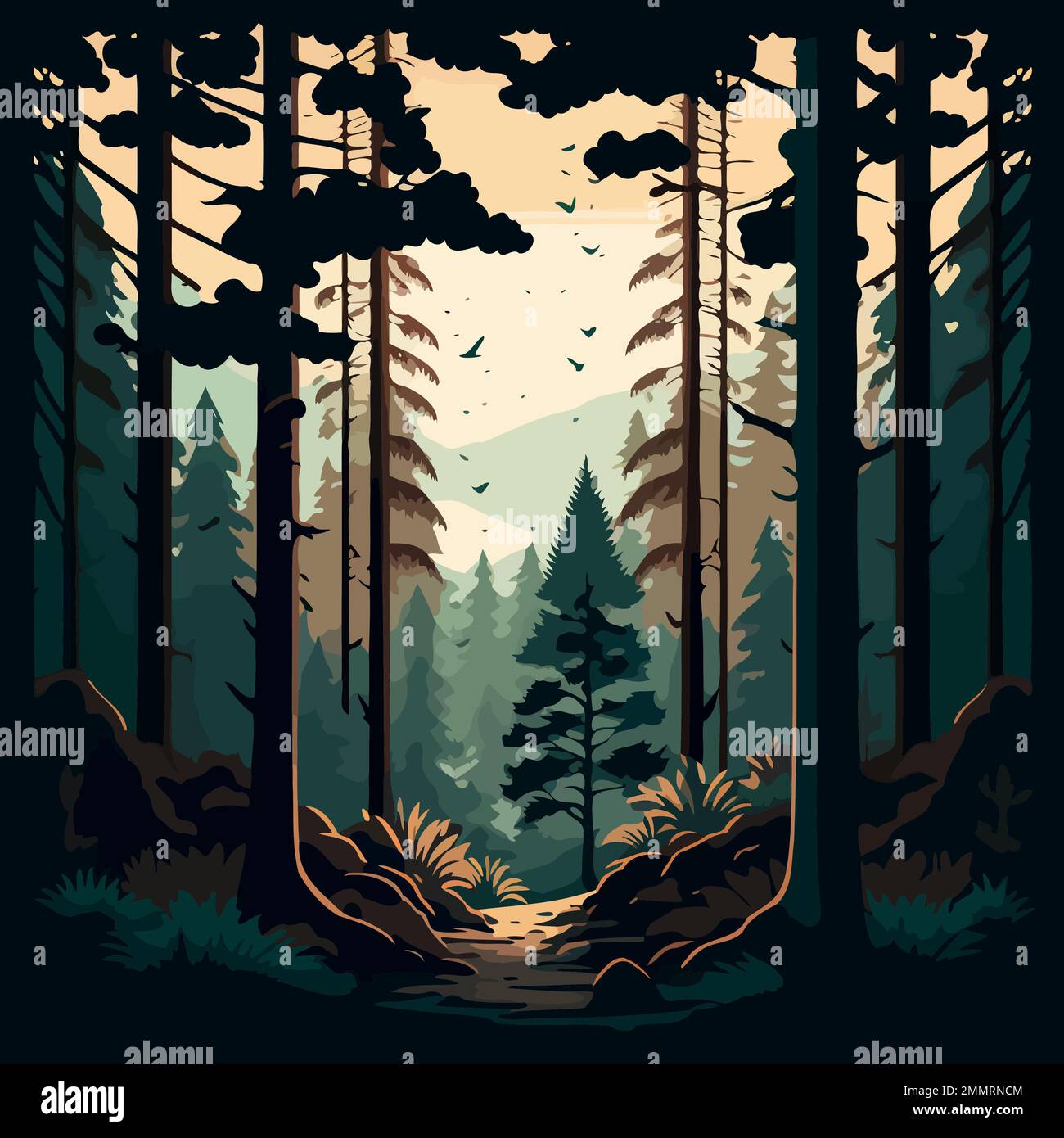 Colorful vector illustration of woodland forest landscape with trees ...