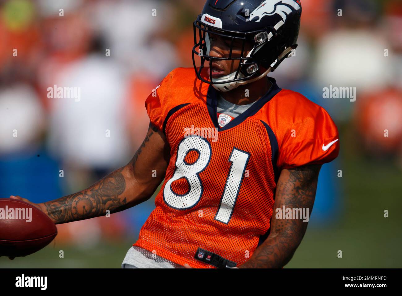 Denver Broncos wide receiver Tim Patrick (81) takes part in drills ...