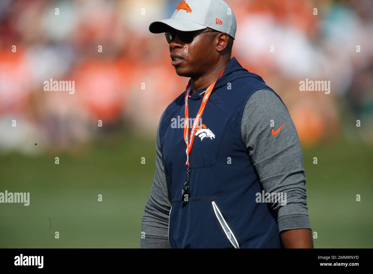 Denver Broncos head coach Vance Joseph takes part in drills during an ...