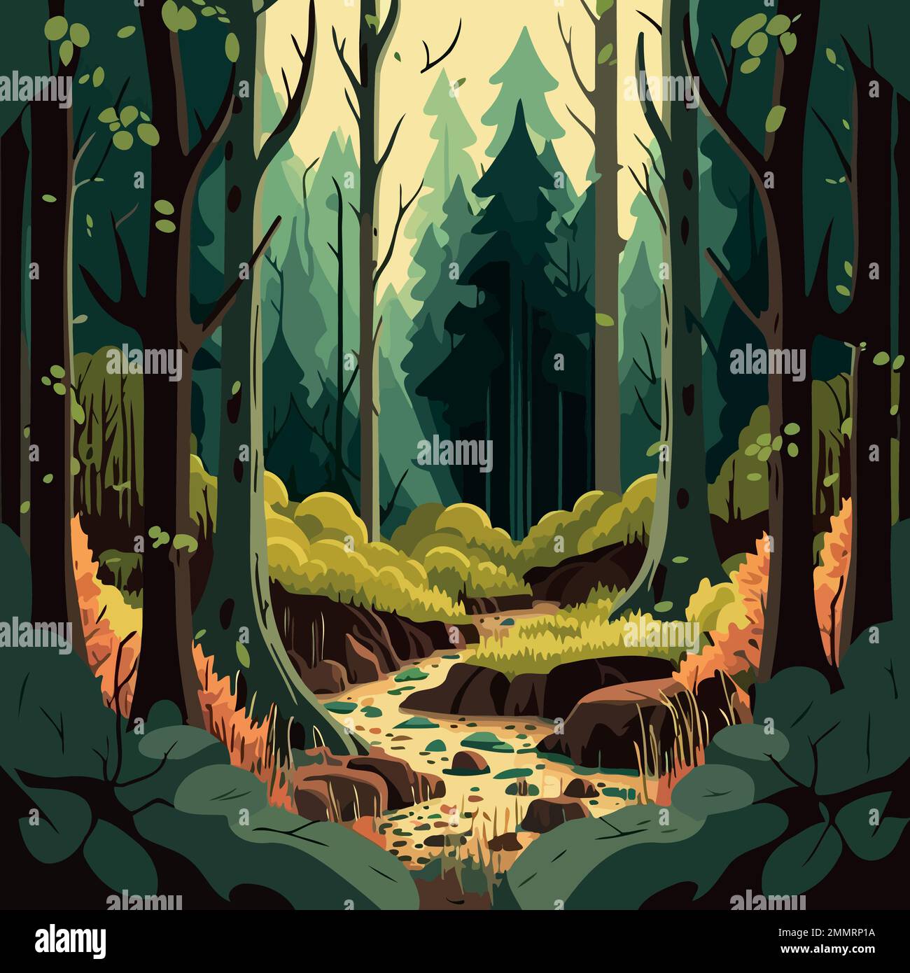 Colorful vector illustration of woodland forest landscape with trees ...