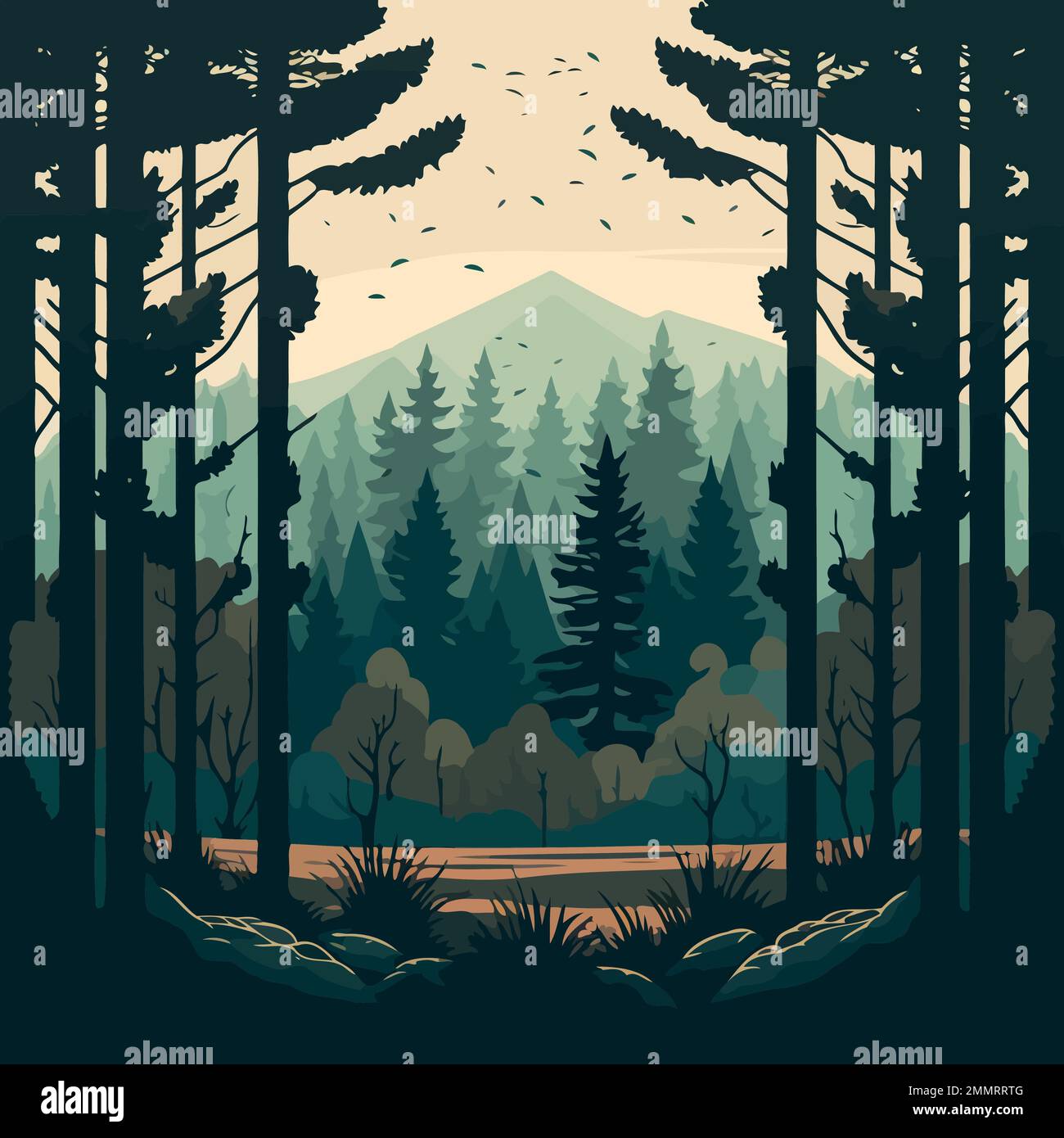 Colorful vector illustration of woodland forest landscape with trees ...