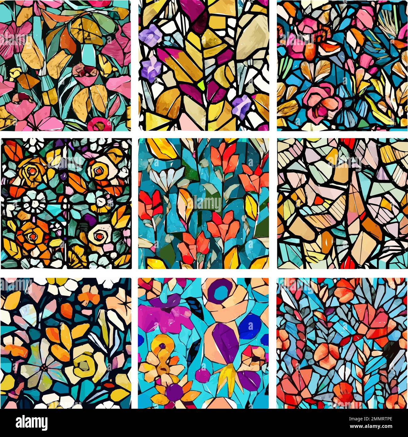 Set of stained glass patterns with flowers and leaves. Colorful vector ...