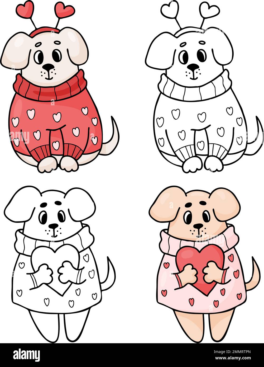 Collection romantic cute dogs with hearts. Vector illustration. Outline ...