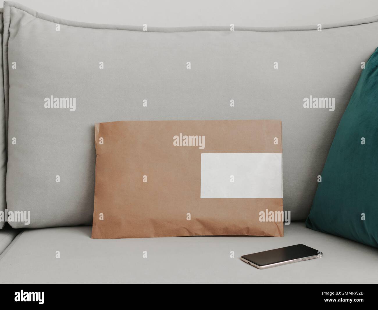 Craft paper soft pack on gray scandinavian sofa background with blank ...