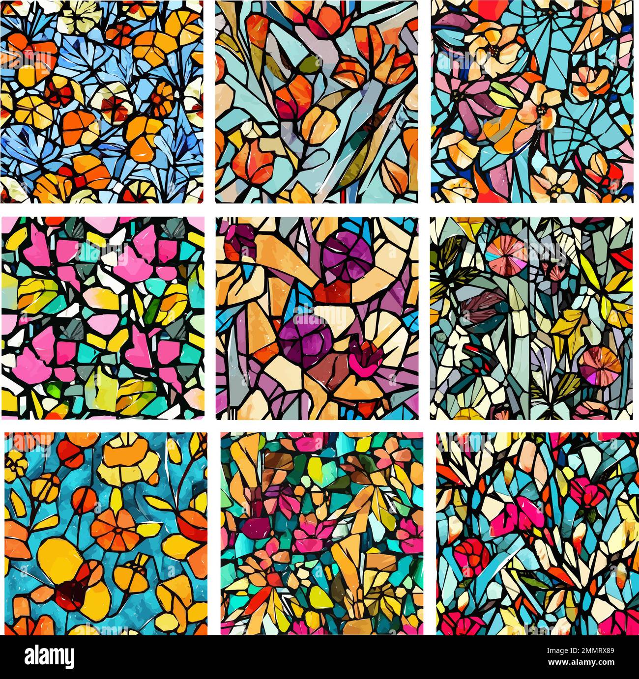 Set of stained glass patterns with flowers and leaves. Colorful vector ...