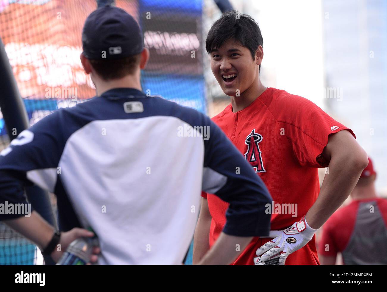 Los Angeles Angels' Shohei Ohtani, of Japan, smiles before the baseball ...