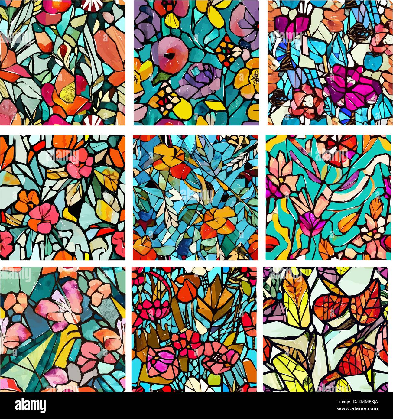 Set of stained glass patterns with flowers and leaves. Colorful vector ...