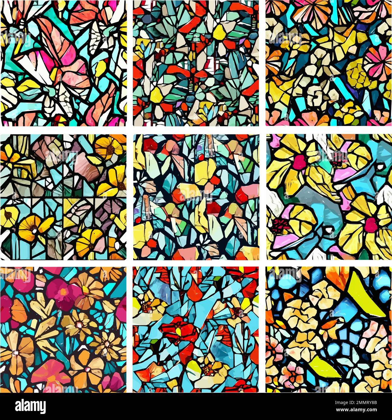Set of stained glass patterns with flowers and leaves. Colorful vector ...