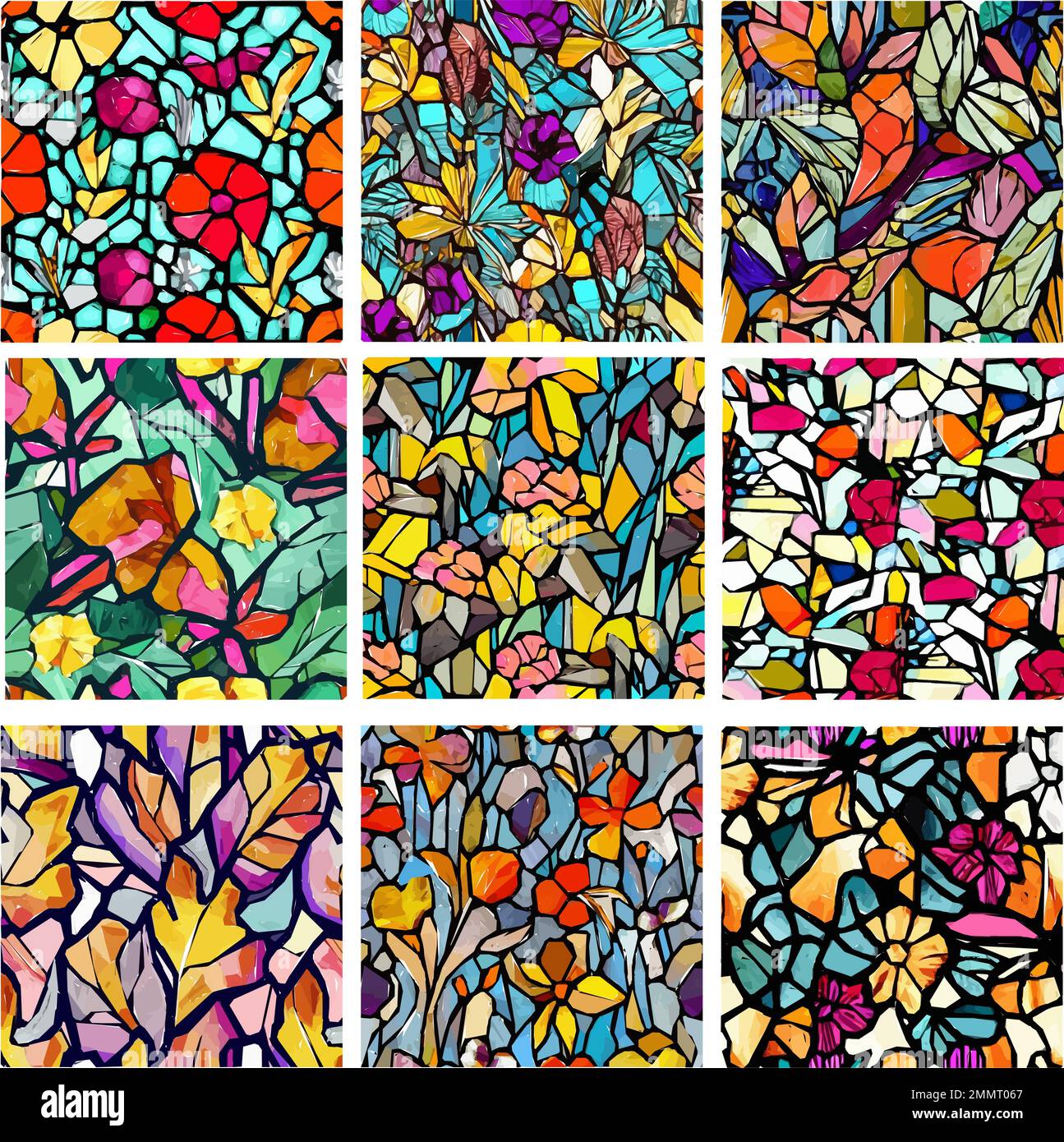 Set of stained glass patterns with flowers and leaves. Colorful vector ...