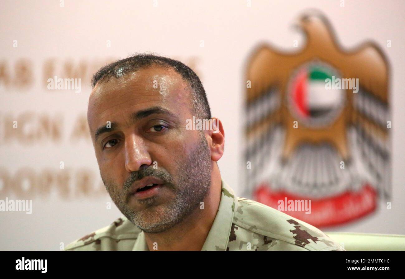 Emirati Brig. Gen. Musallam al-Rashedi speaks to journalists during a ...
