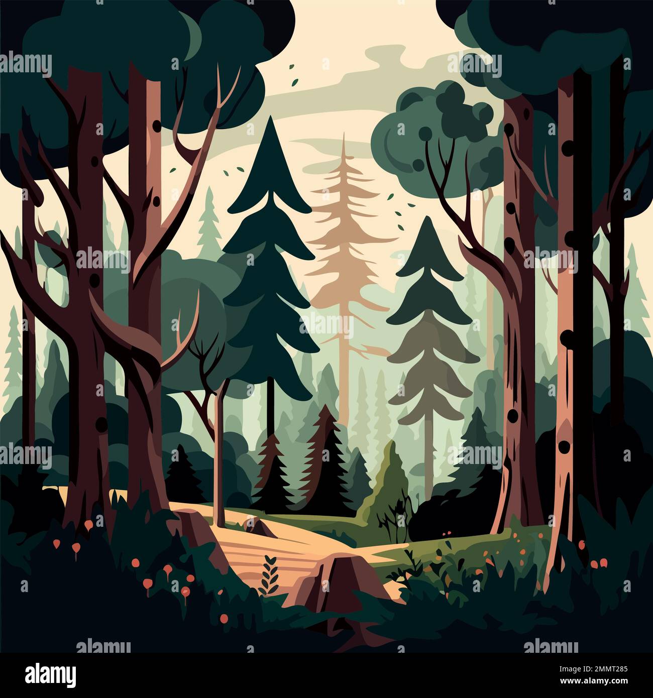 Colorful vector illustration of woodland forest landscape with trees ...