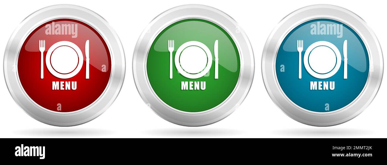 Menu vector icon set. Red, blue and green silver metallic web buttons ...