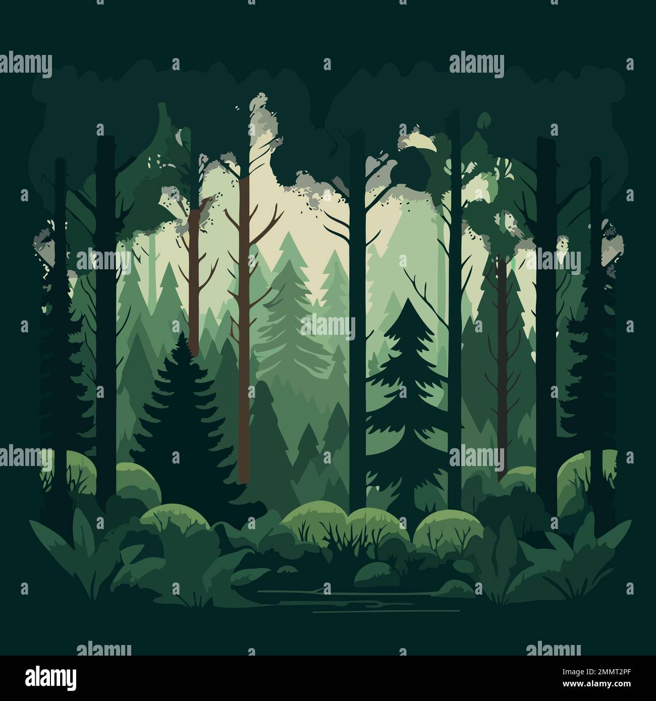 Colorful vector illustration of woodland forest landscape with trees ...