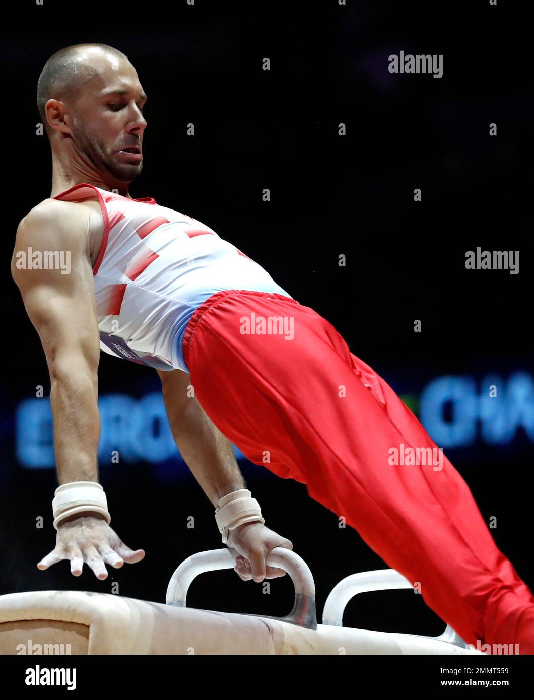 Robert Seligman of Croatia performs on the pommel horse during the men ...