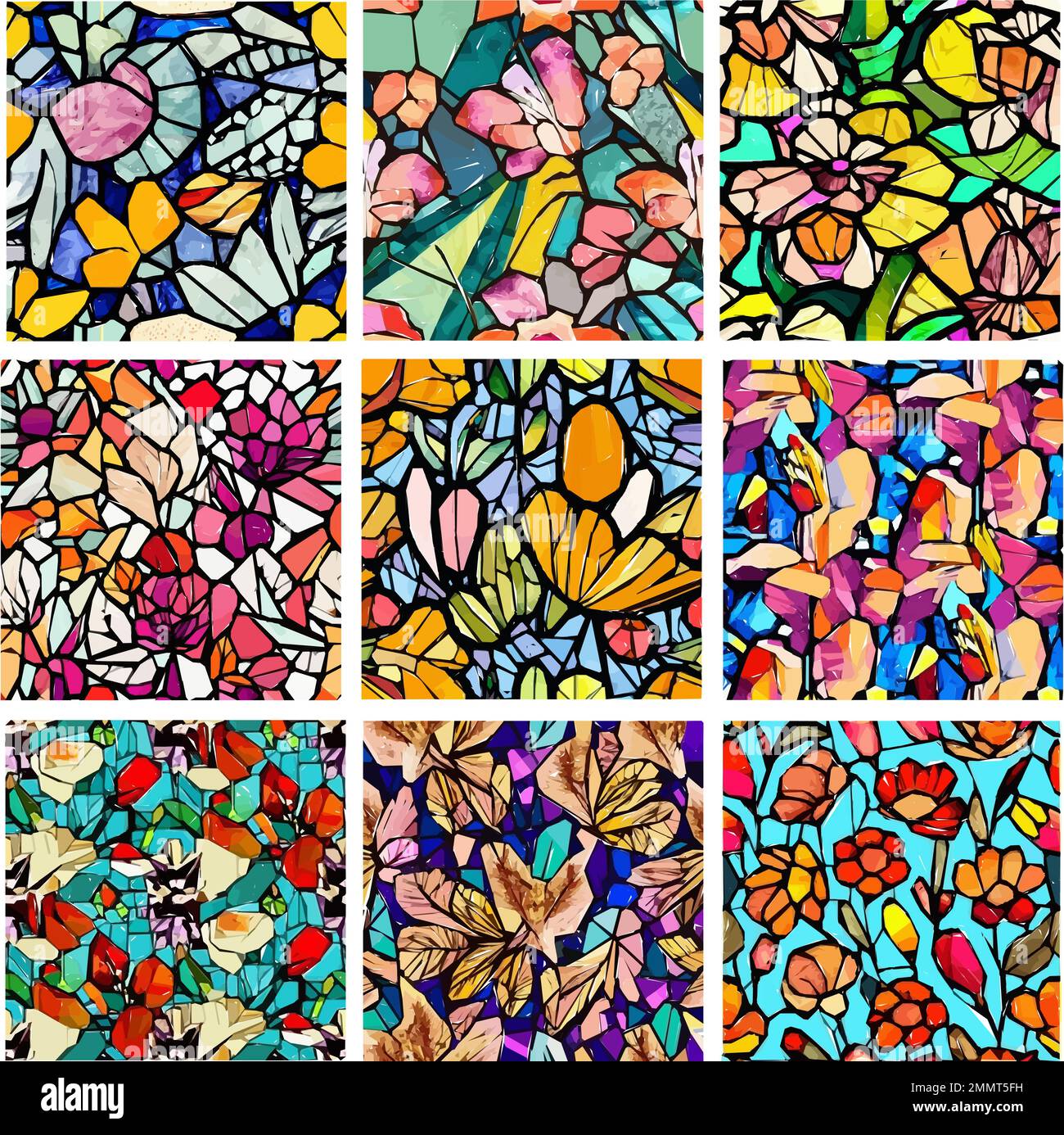 Set of stained glass patterns with flowers and leaves. Colorful vector ...