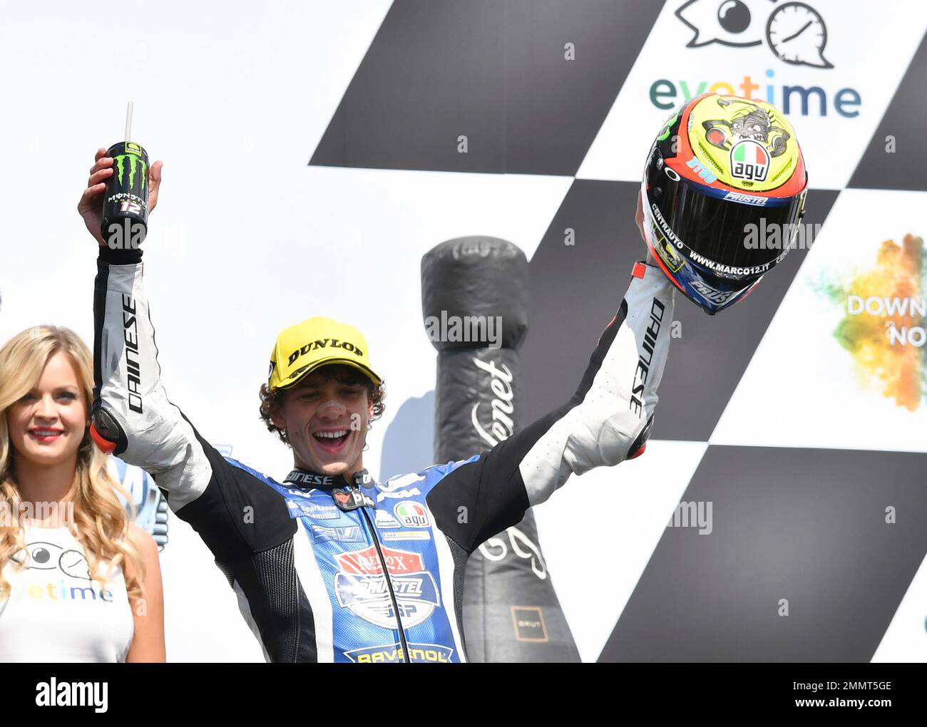 Italian rider Marco Bezzecchi of the Redox PruestelGP celebrates on the ...