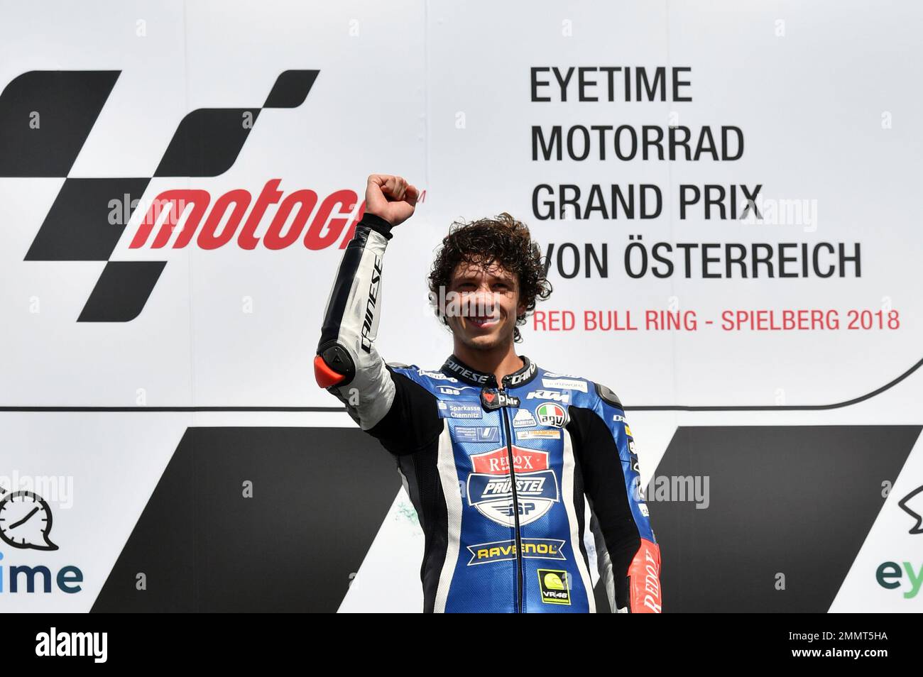 Italian rider Marco Bezzecchi of the Redox PruestelGP celebrates on the ...