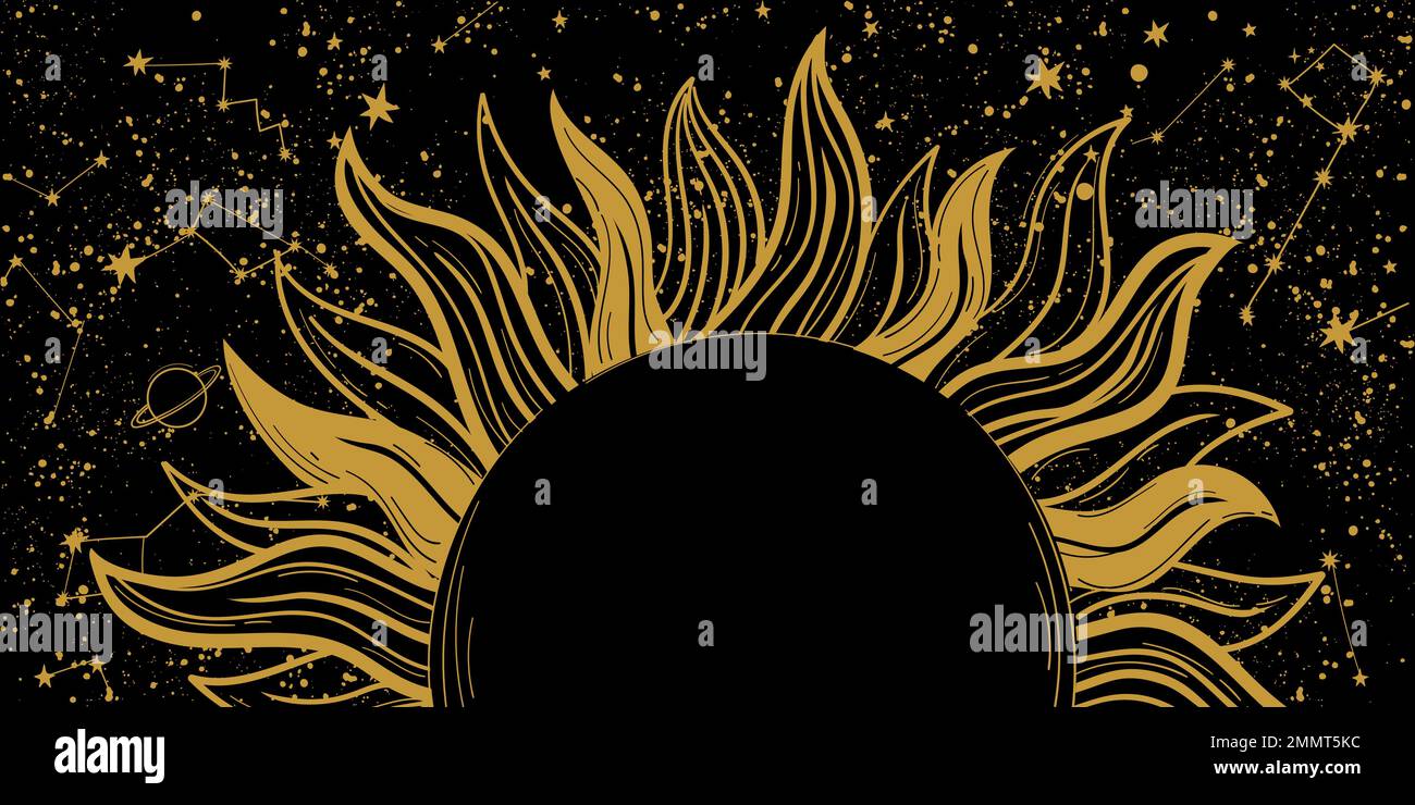 Astrology banner with sun rays and constellations on black mystical sky ...