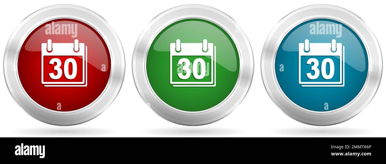 Calendar vector icon set. Red, blue and green silver metallic web ...