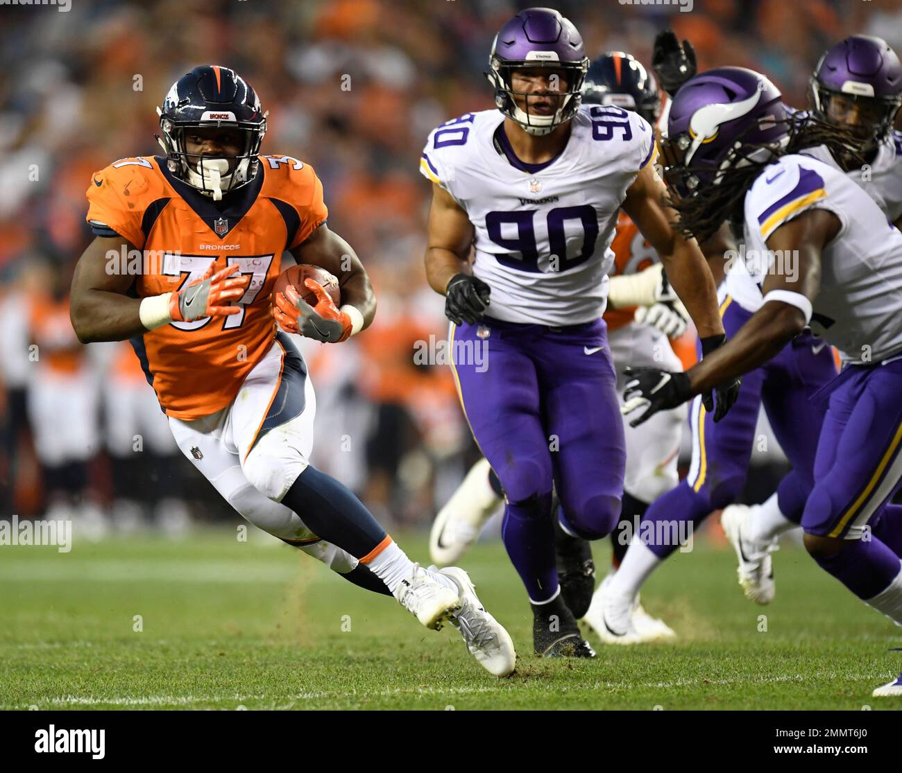 Denver Broncos running back Royce Freeman runs against the Minnesota ...