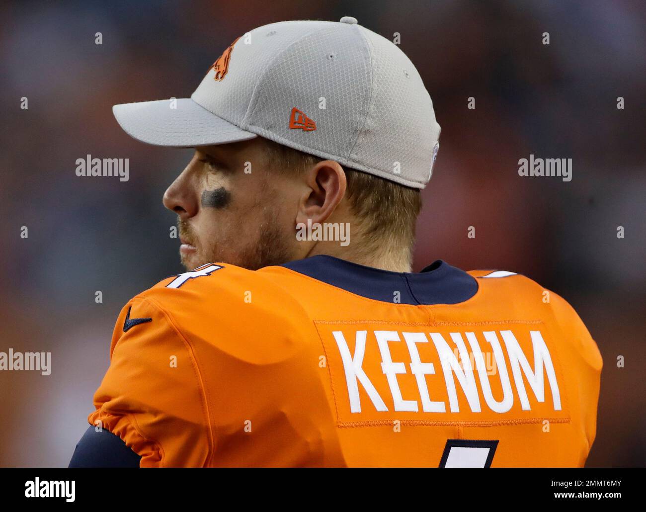 Denver Broncos quarterback Case Keenum watches during the first half in ...
