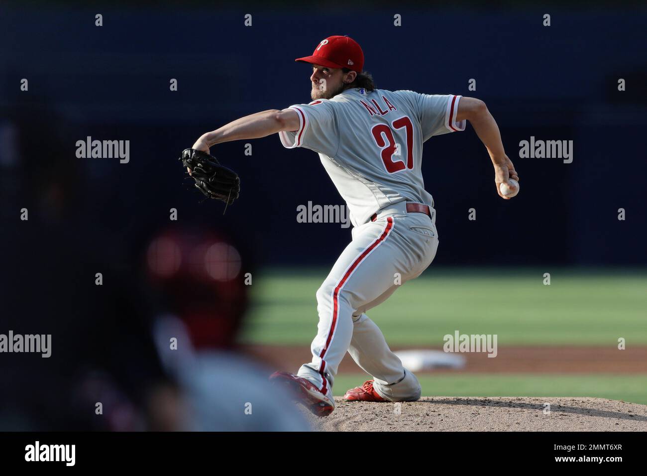 Philadelphia Phillies starting pitcher Aaron Nola works against a San ...