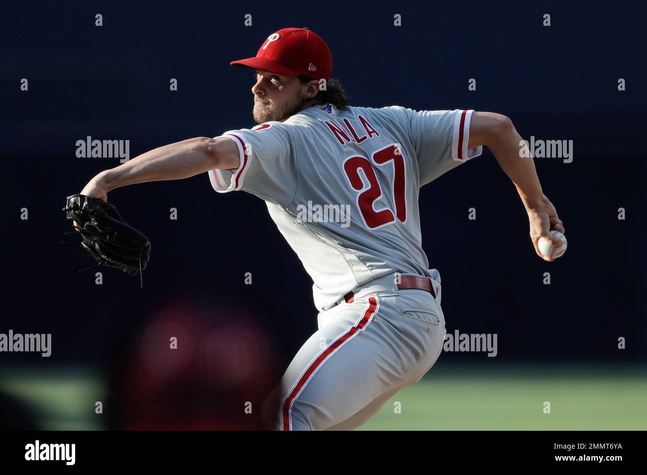 Philadelphia Phillies starting pitcher Aaron Nola works against a San ...