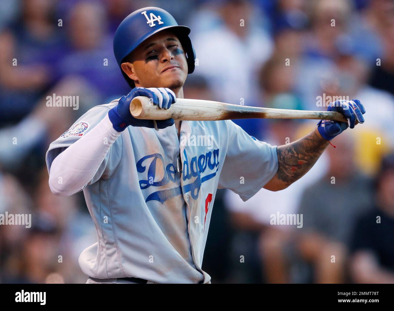 Los Angeles Dodgers' Manny Machado reacts after striking out against ...