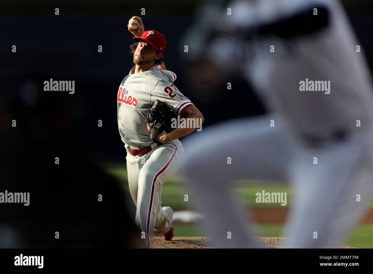 Philadelphia Phillies starting pitcher Aaron Nola works against a San ...