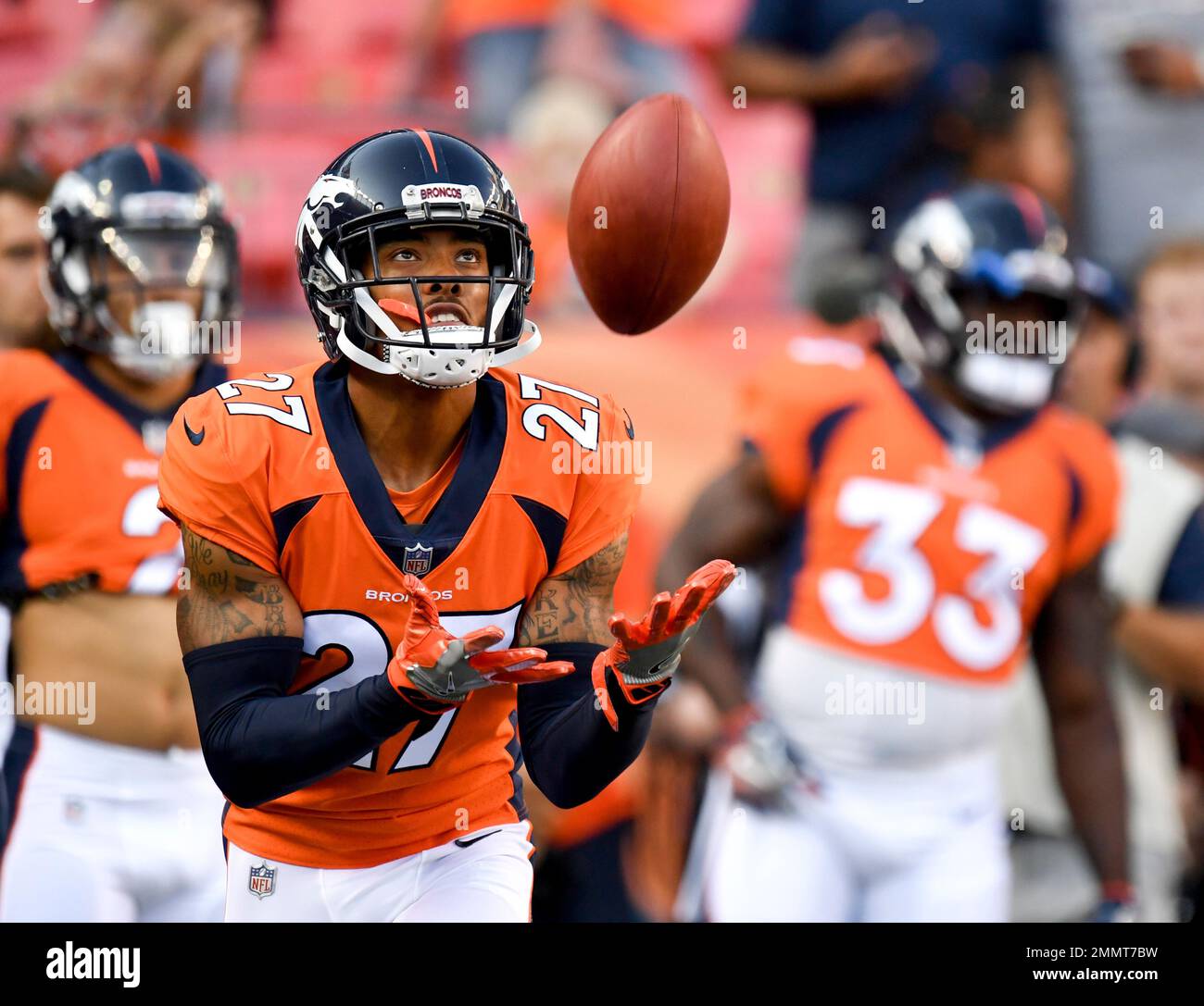 Denver Broncos cornerback Brendan Langley warms up before an NFL ...