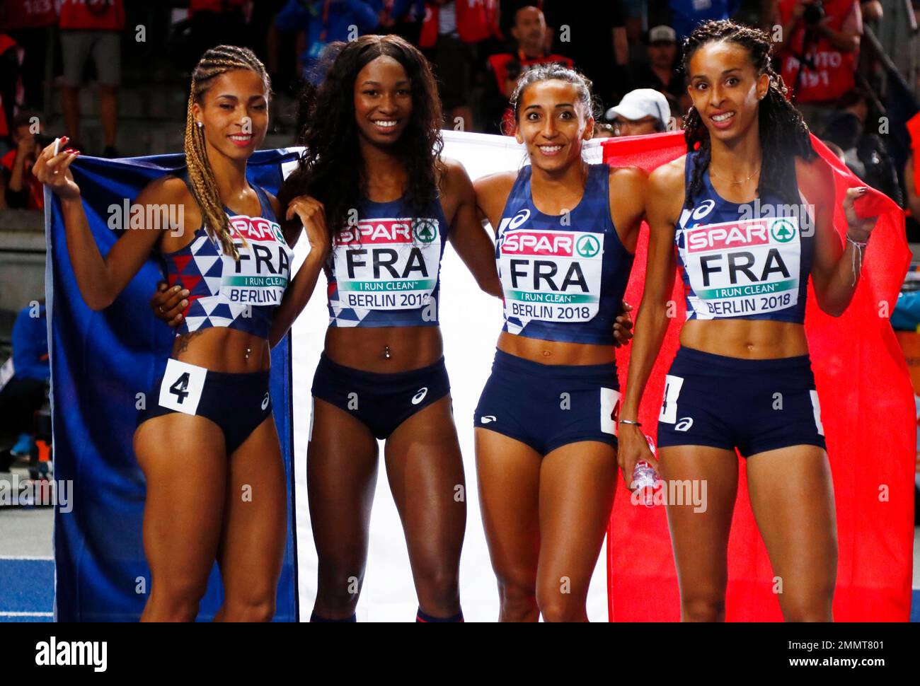 The French team celebrate after winning the silver in the women's 4x400 ...