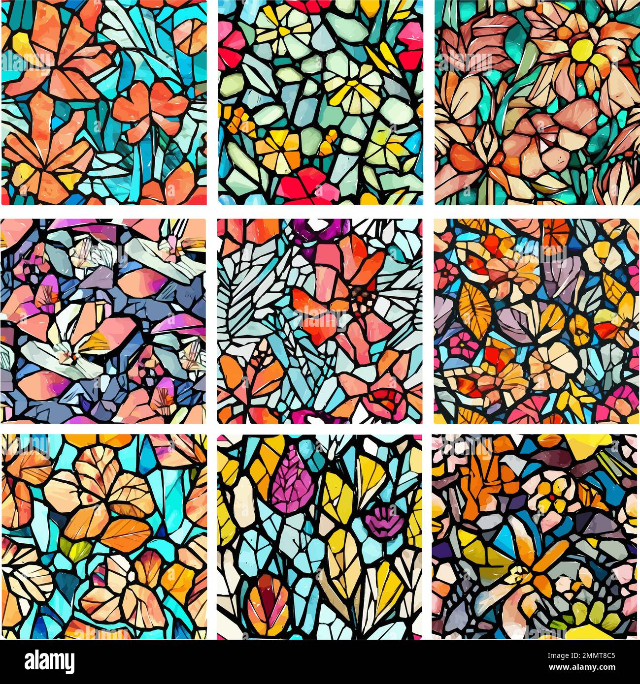 Set of stained glass patterns with flowers and leaves. Colorful vector ...