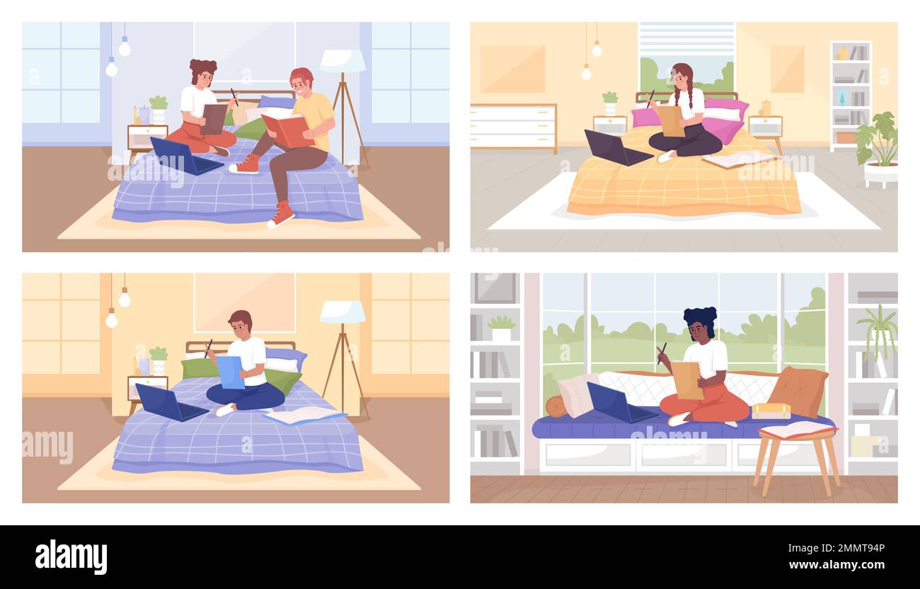 Doing homework at home flat color vector illustration set Stock Vector ...