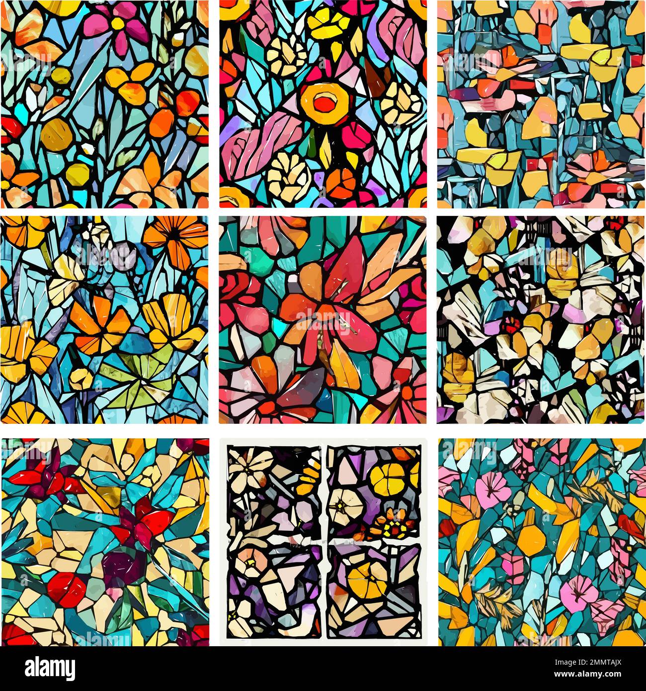 Set Of Stained Glass Patterns With Flowers And Leaves Colorful Vector Backgrounds Stock Vector