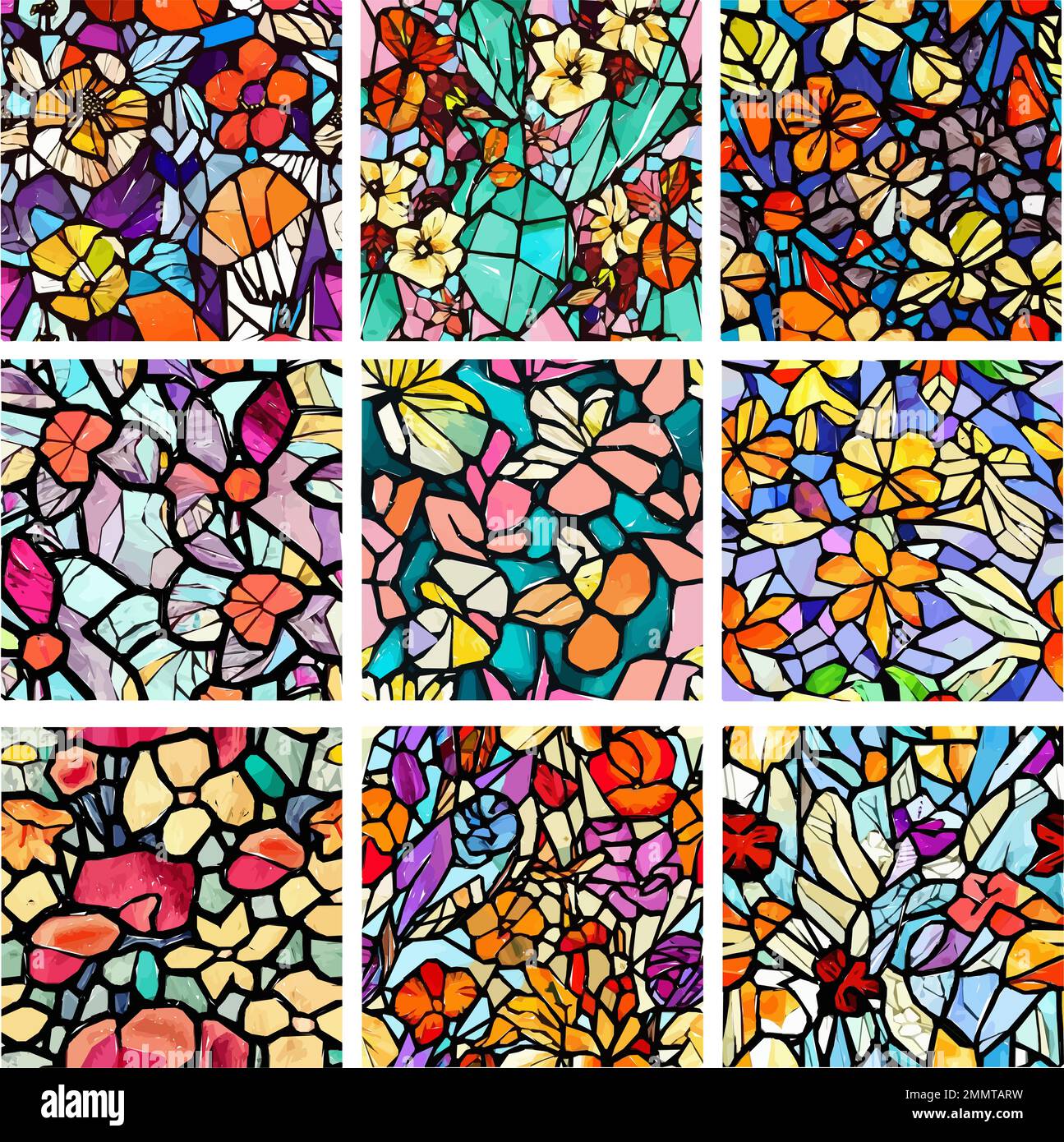 Set of stained glass patterns with flowers and leaves. Colorful vector ...