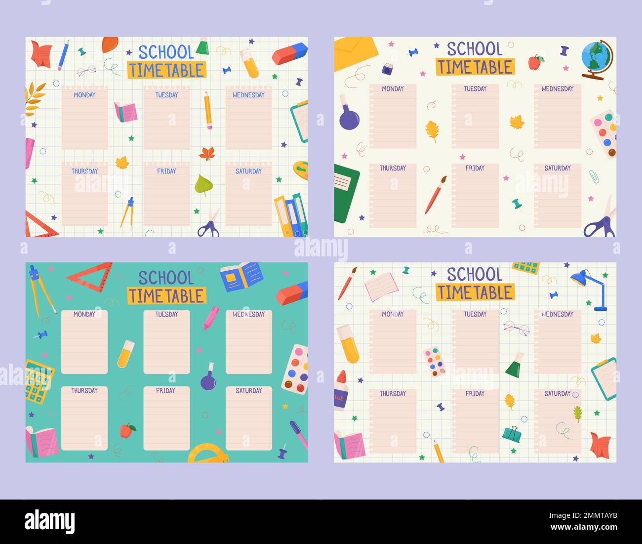 Set of cute childish school timetables, weekly classes schedule for ...