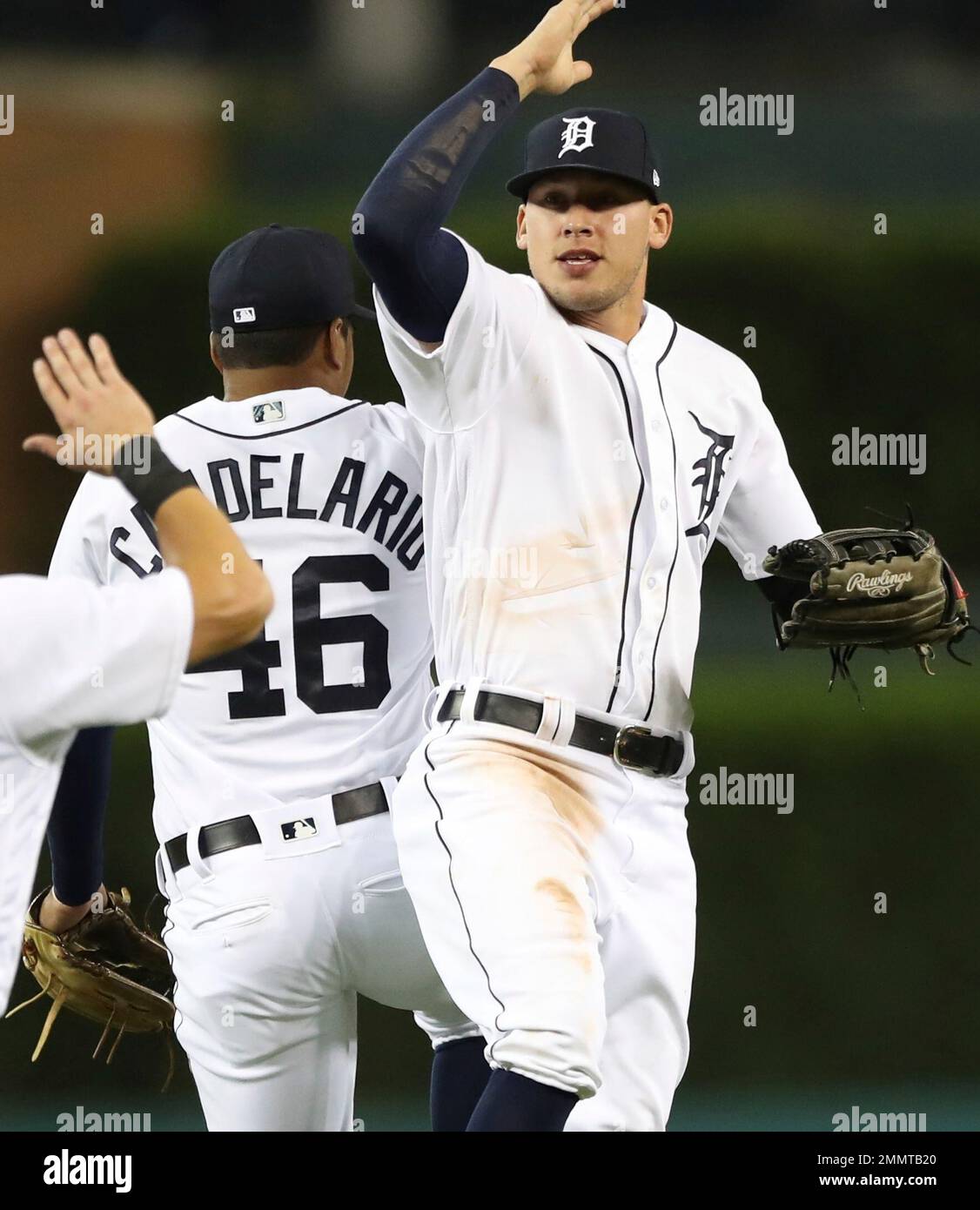 Detroit Tigers center fielder JaCoby Jones greets teammates after their ...