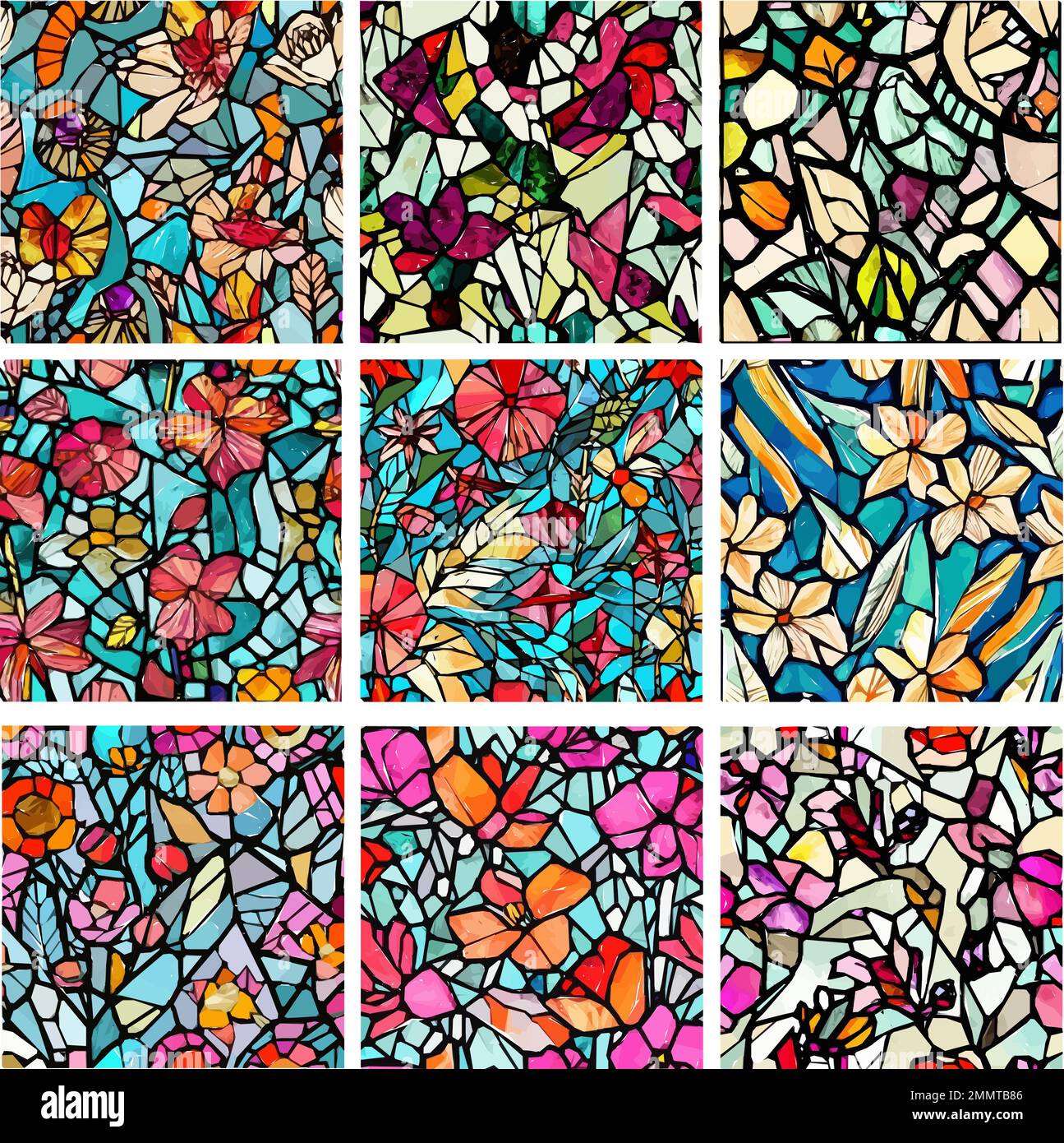 Set of stained glass patterns with flowers and leaves. Colorful vector ...